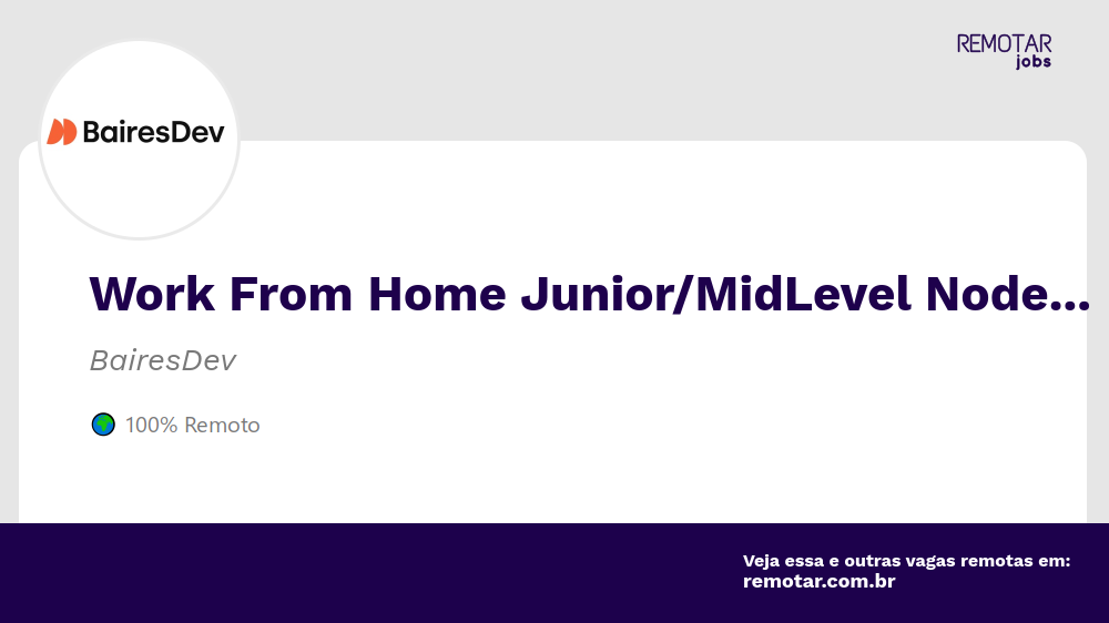 Work From Home Junior/MidLevel Node Developer / Ref. 0111E | Vagas 100% remotas