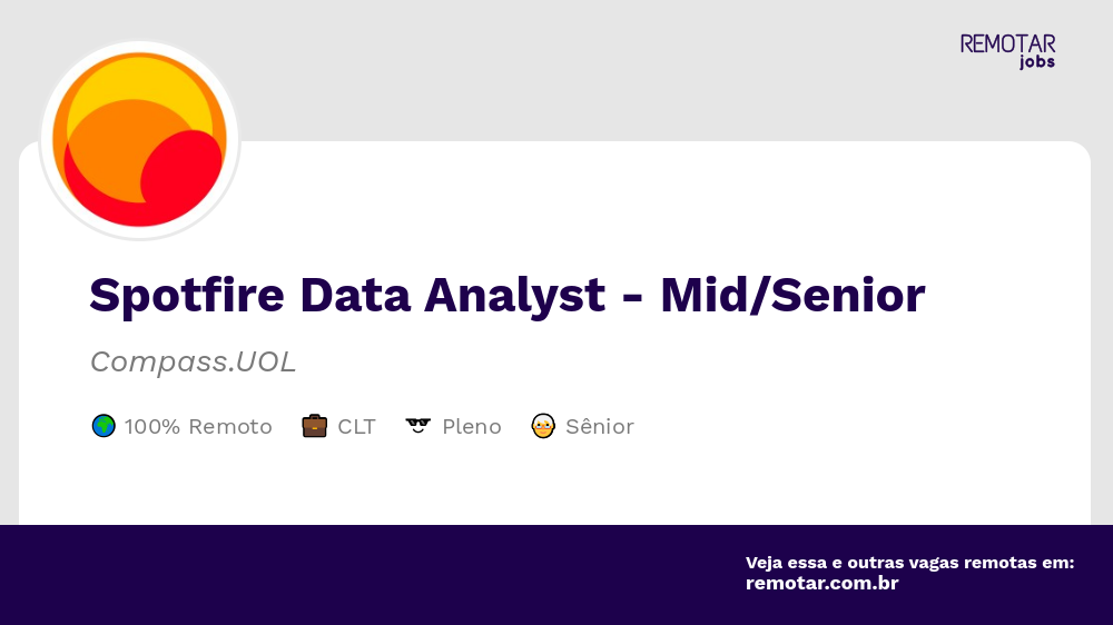 Spotfire Data Analyst - Mid/Senior | Vagas 100% remotas